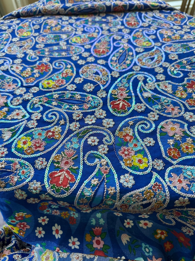 Blue Paisley Embroidered Crepe Silk Fabric | Sequin Detailing | 36 ...