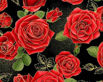 Timeless Treasures Gilded Rose Falling Red Metallic Rose Petals by ...