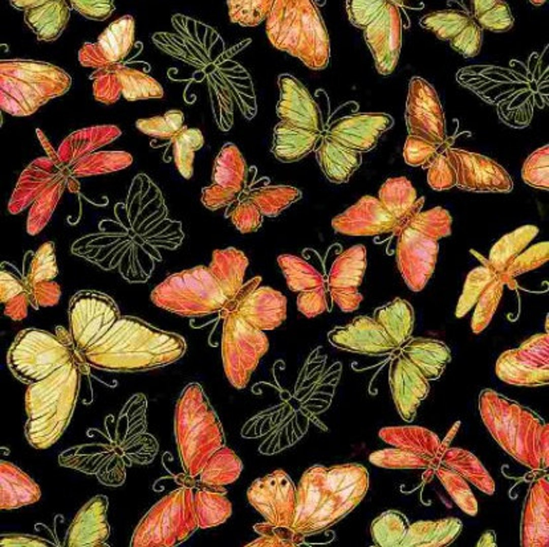 Felicity - Gold Metallic Butterflies on Black - Metallic Cotton Fabric ...