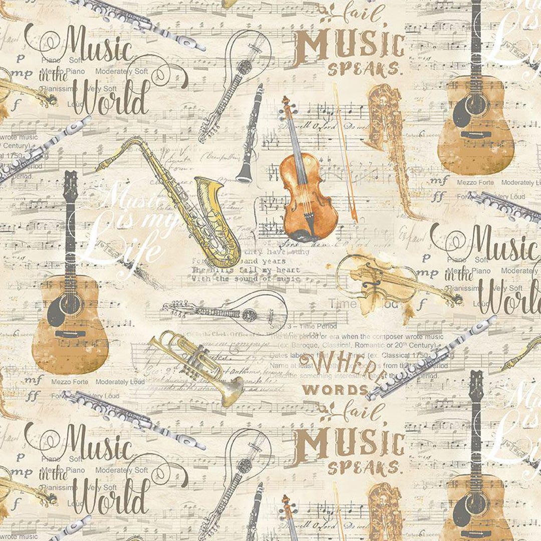 Sonata - Instruments Sheet Music Fabric - Digital Print - Cotton Fabric ...