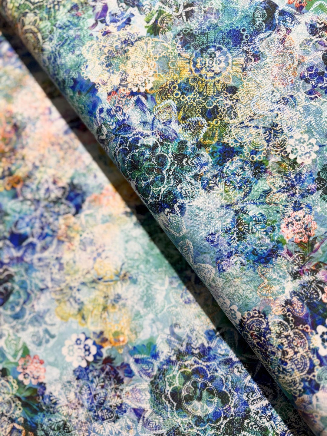 Arcadia - Crochet Blossoms Aquamarine Fabric - Digital Print - Cotton ...