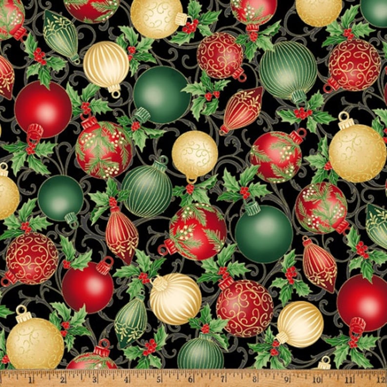 Christmas Splendor - Ornaments Black/gold Metallic - Cotton Fabric - Etsy