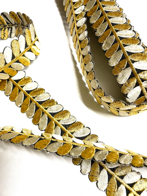 Iron on Metallic Gold and Cream Leaf Lace Trim With Adhesive Back sold by the Yard Etsy UK