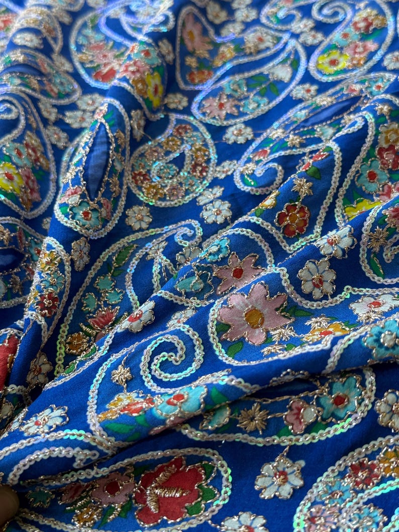 Blue Paisley Embroidered Crepe Silk Fabric | Sequin Detailing | 36 ...