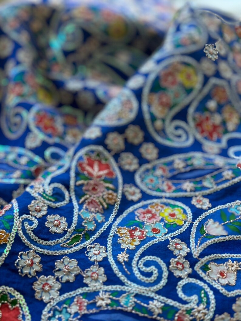Blue Paisley Embroidered Crepe Silk Fabric | Sequin Detailing | 36 ...