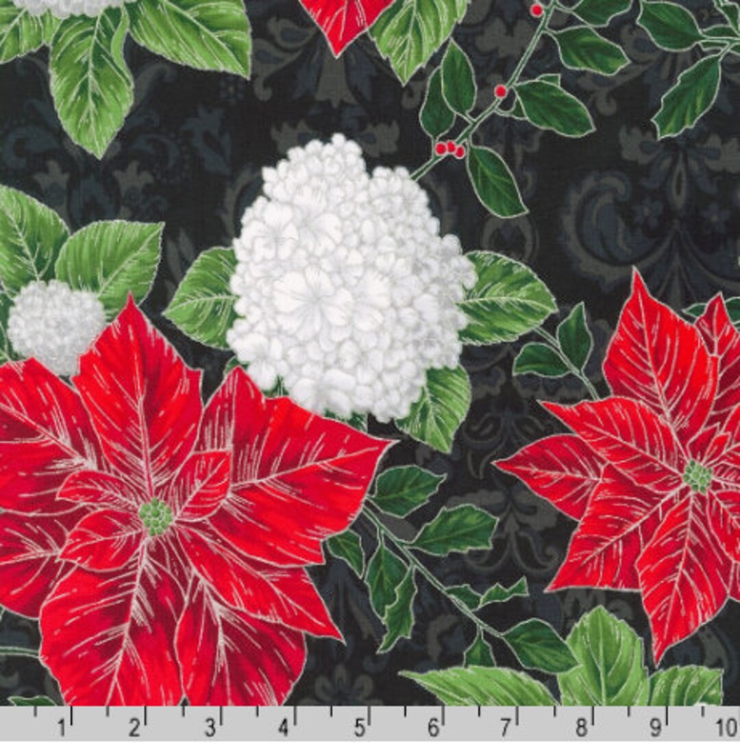 Holiday Flourish-snow Flower - Poinsettia Blooms Onyx Silver Fabric ...