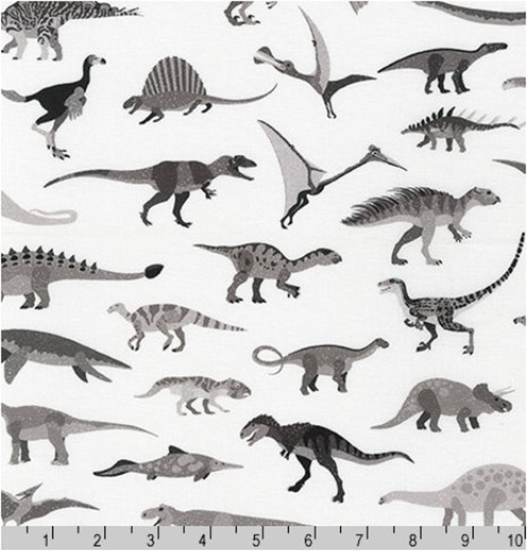Alphabetosaurus - Grey Dinosaurs Fabric - Digital Print - Cotton Fabric ...