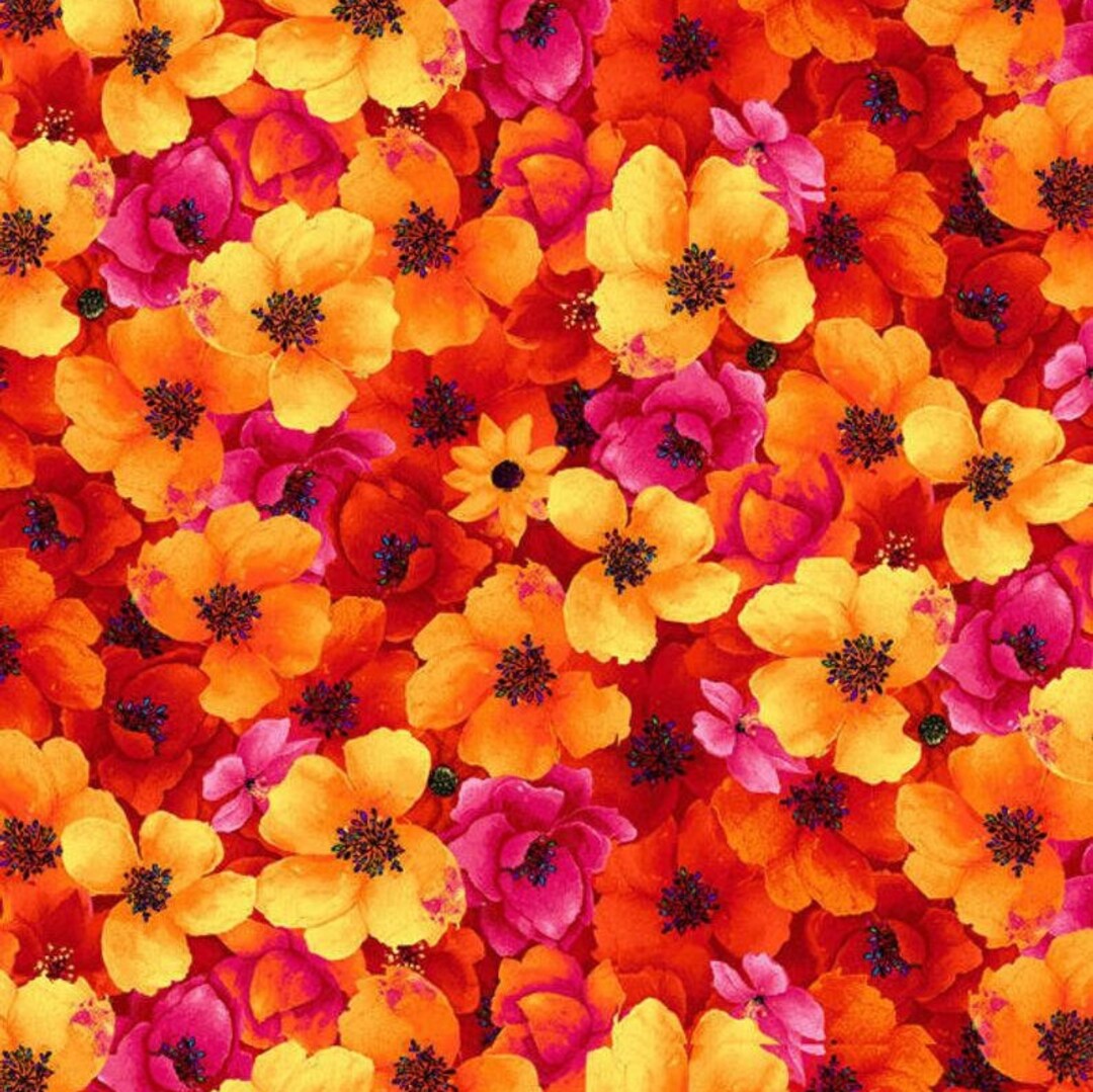 Timeless Treasures Night Bloom Packed Night Bloom Florals Orange Fabric ...