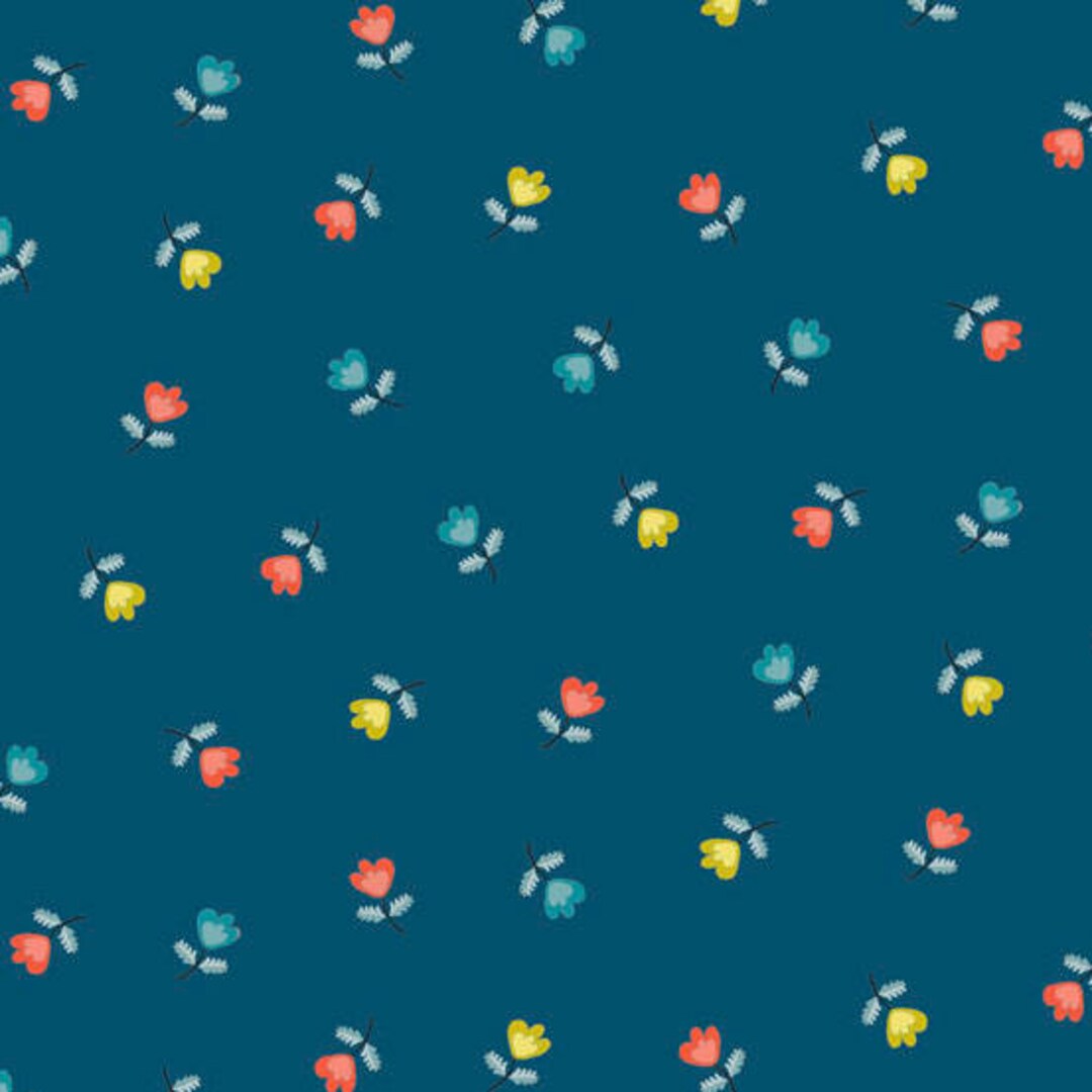 Modern Retro - Flower Scatter Blue Fabric by Makower UK - Cotton Fabric ...