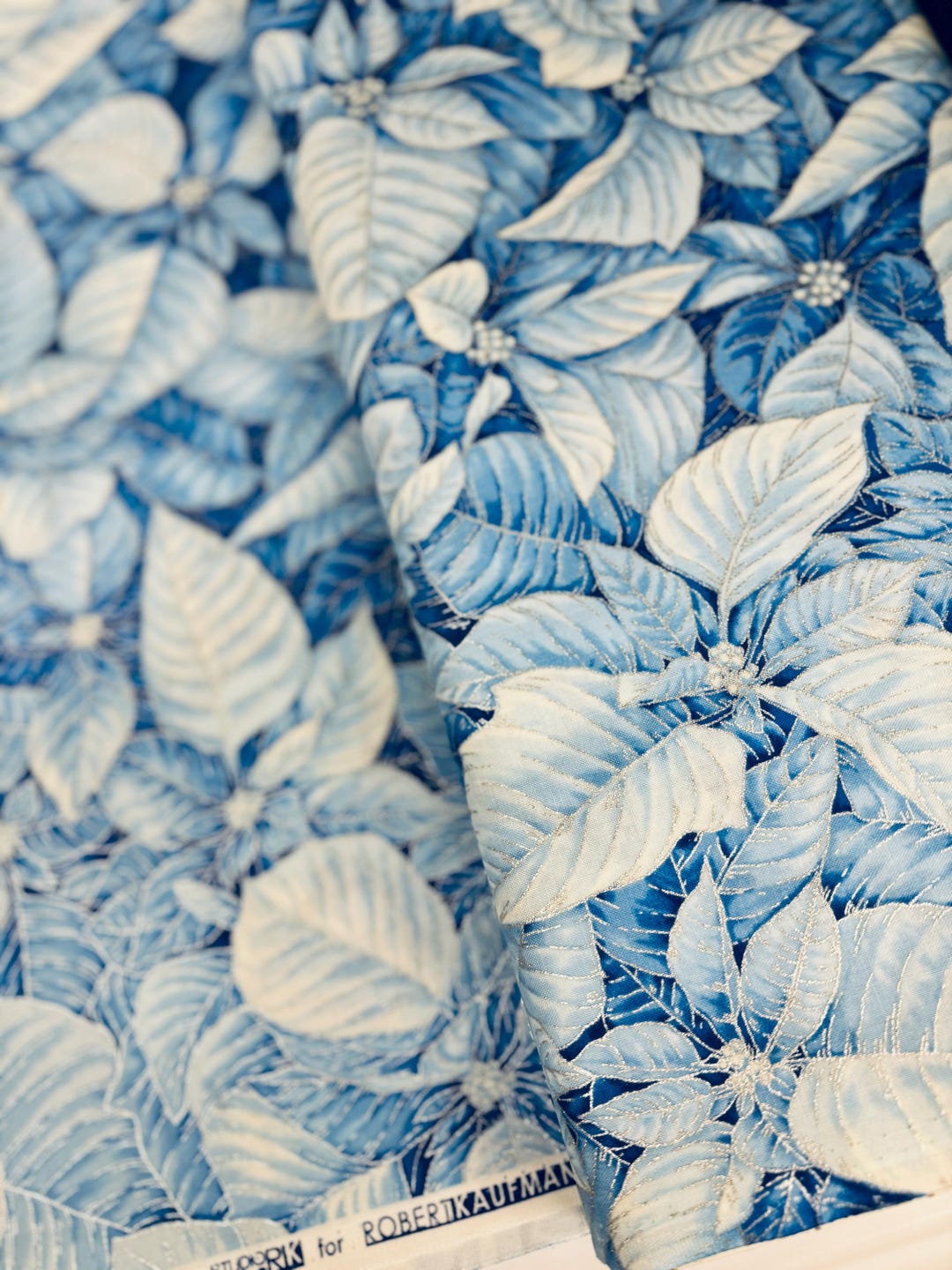Holiday Flourish-snow Flower - Poinsettias Blue Silver Fabric ...