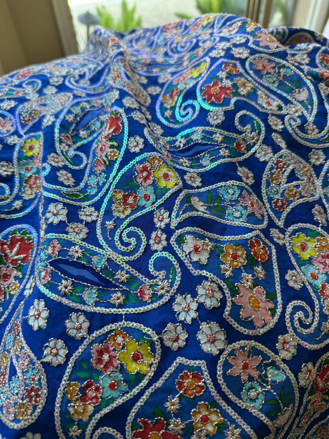 Blue Paisley Embroidered Crepe Silk Fabric | Sequin Detailing | 36 ...