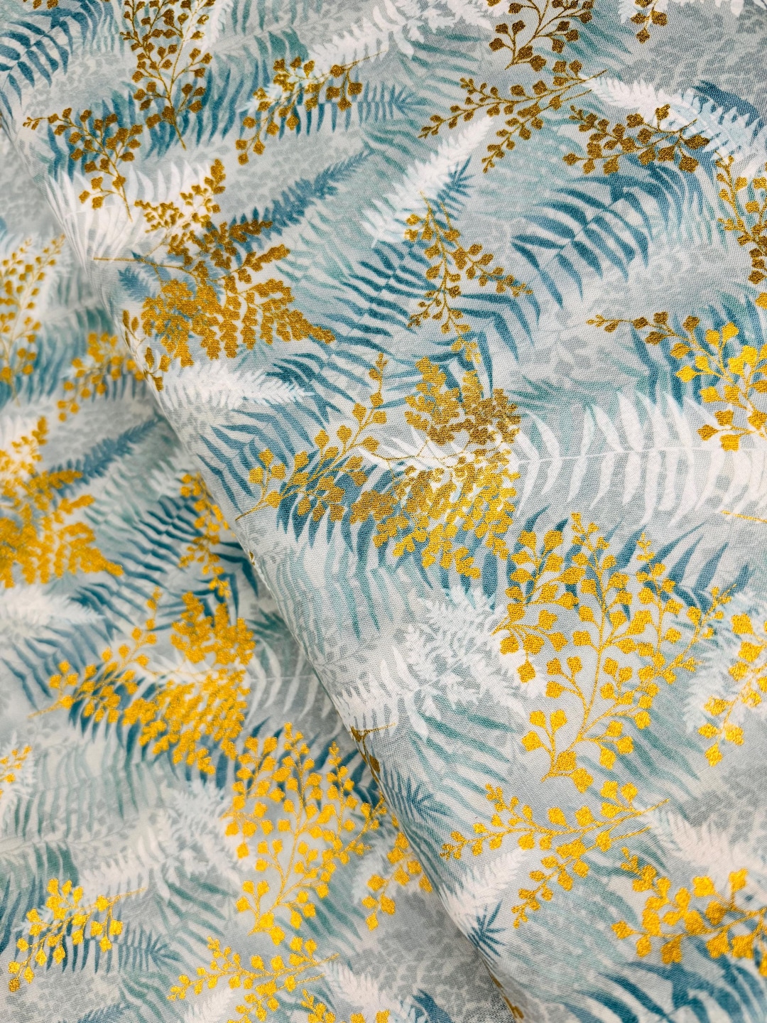 Chickadee Cheer - Foliage Dusty Teal/gold - Metallic Cotton Fabric - Etsy