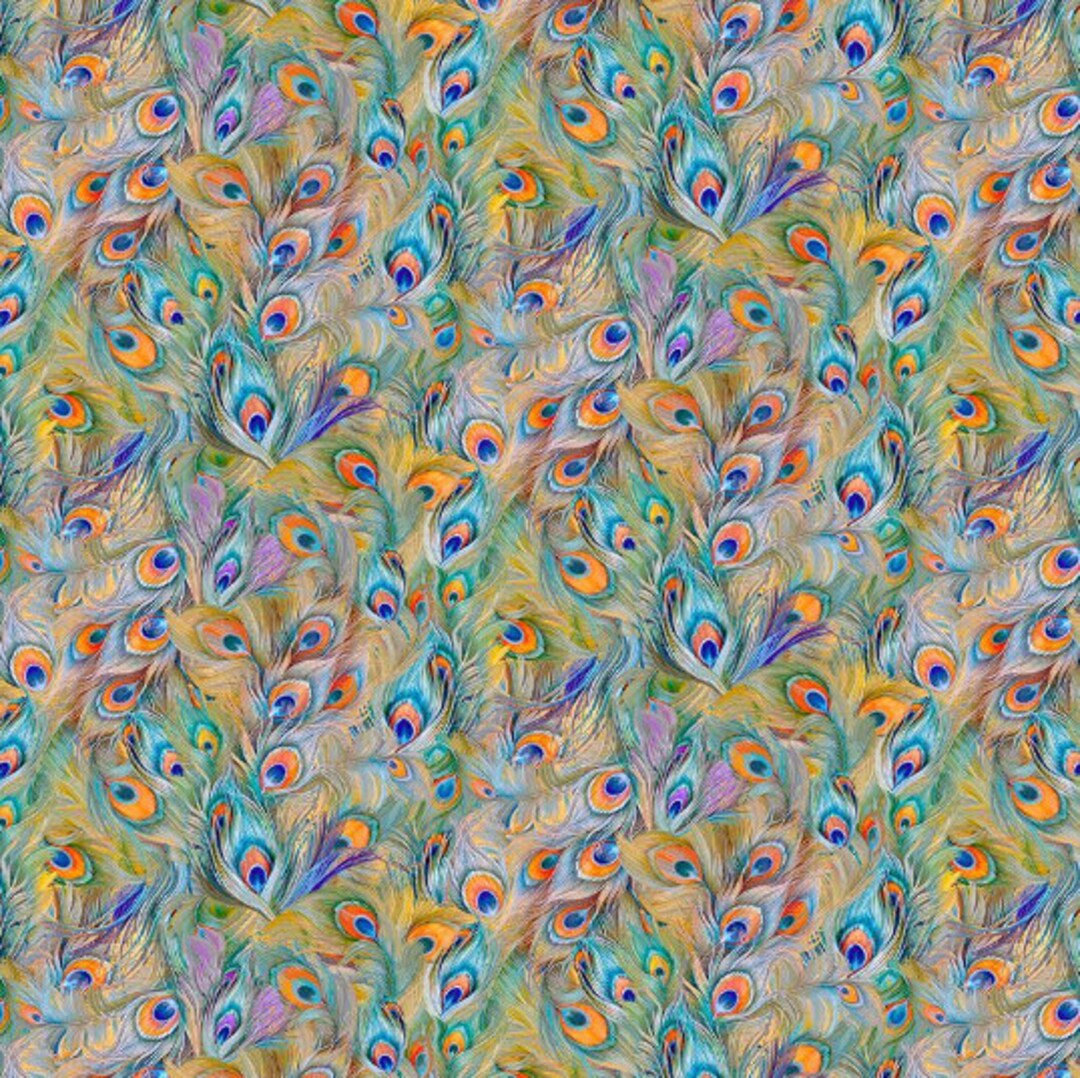 Timeless Treasures Flourish Packed Peacock Feathers Multi Digital Print ...