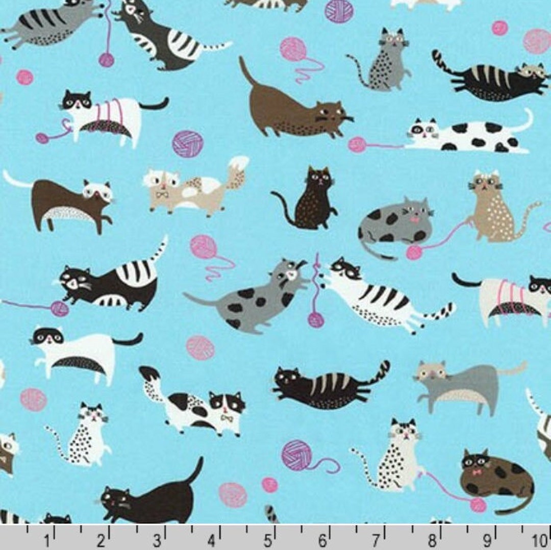 Robert Kaufman Whiskers and Tails Cats on Blue Digital Print Cotton Fabric - Etsy