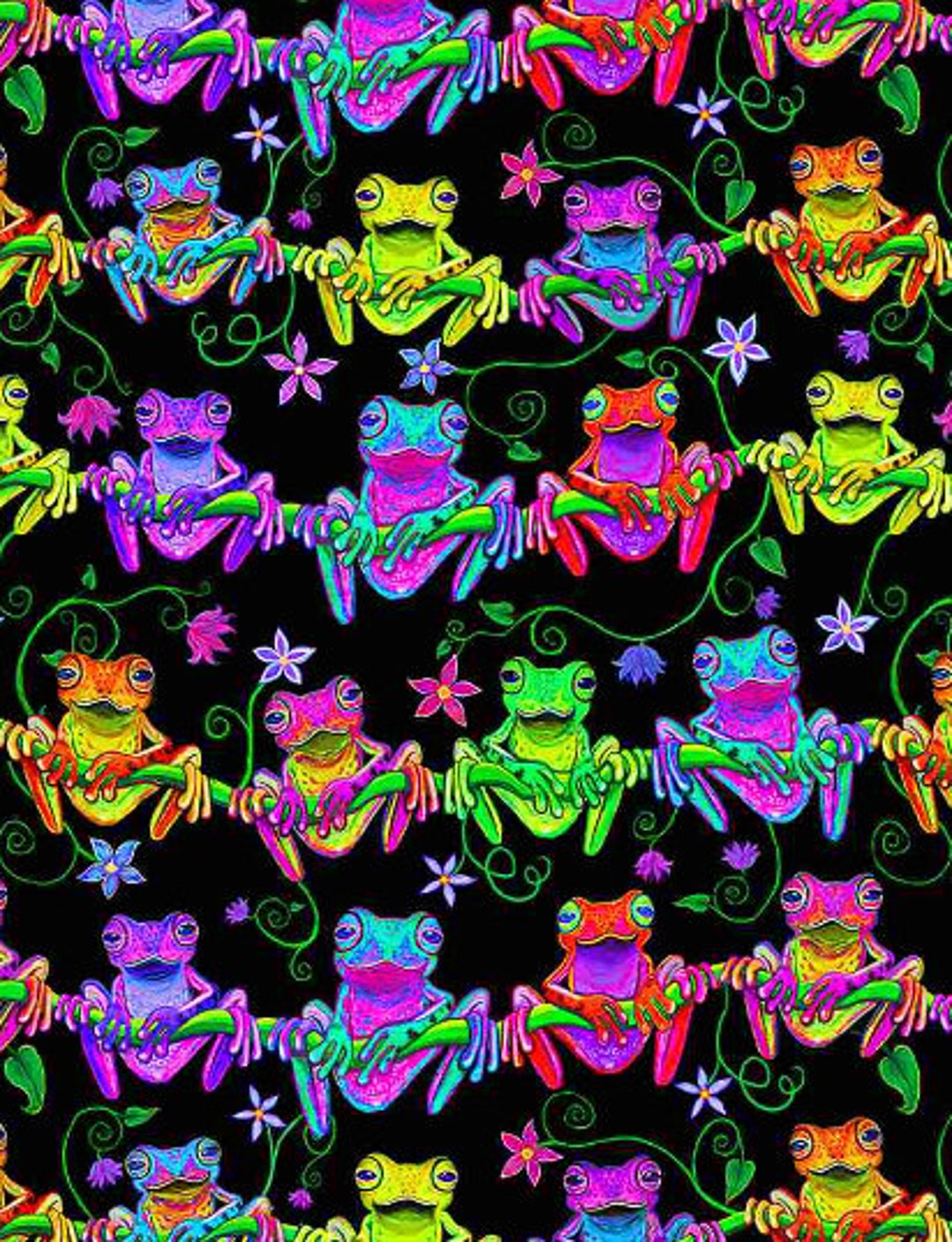 Timeless Treasures Prismatic Neon Frogs Hanging Out Fabric by Nick ...