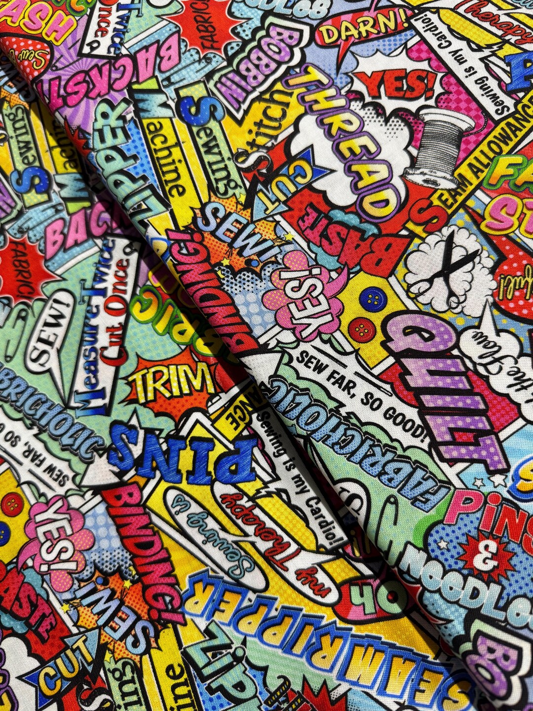 Sew Strong - Sewing and Quilting Words Comic Fabric - Cotton Fabric - Etsy