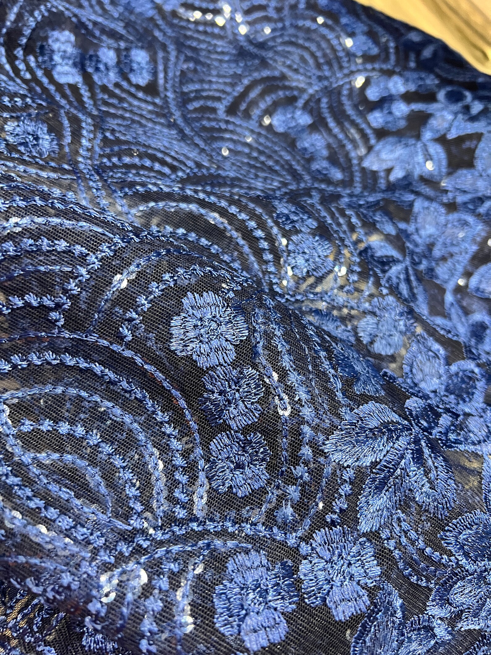 Dark Blue Embroidered Net Fabric Embellished With Sequins - Etsy