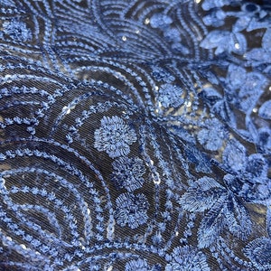 Dark Blue Embroidered Net Fabric Embellished With Sequins - Etsy