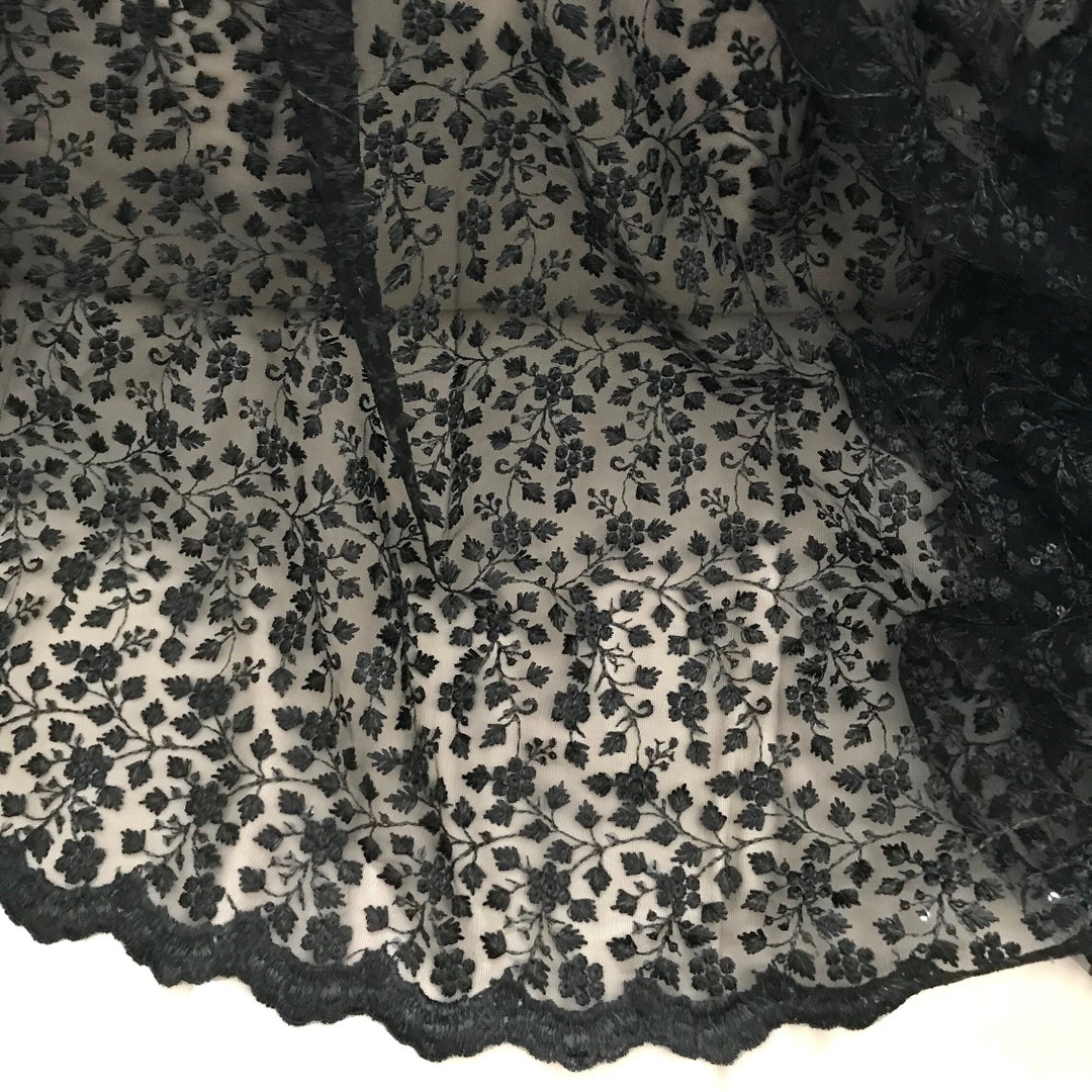 Black Embroidered Net Fabric Embellished With Black Sequins - Etsy