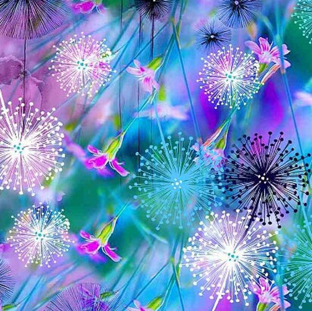 Neon Nature - Ethereal Bright Dandelion Field - Digital Print - Cotton ...