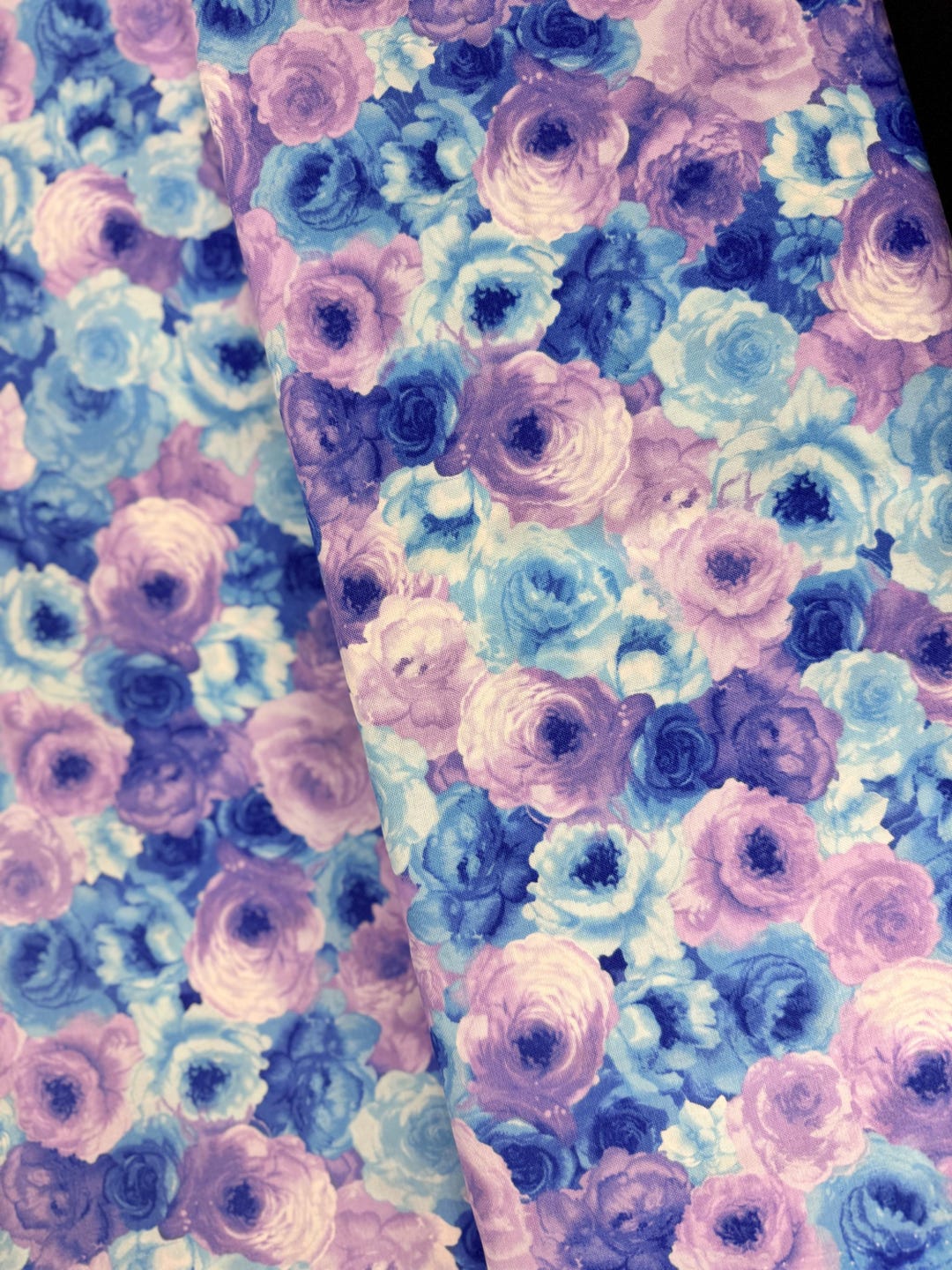 Rain Blossom - Packed Roses Blue Fabric by Chong-a Hwang - Cotton ...