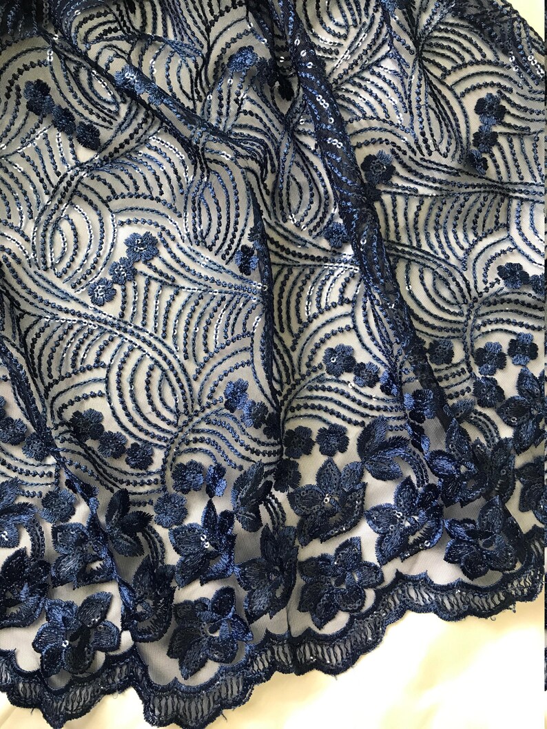 Dark Blue Embroidered Net Fabric Embellished With Sequins - Etsy