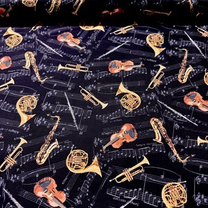 Orchestra Instruments With Music Background - Metallic - Cotton Fabric ...