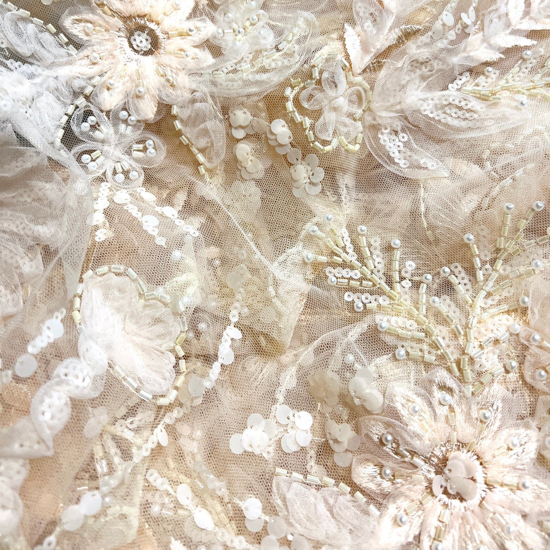 Peach Embroidered Net Fabric Embellished With Beads and Sequins - 50 ...