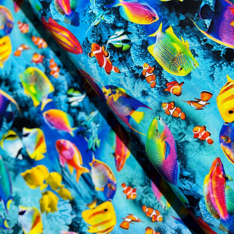 Deep Blue Fish Fabric - Etsy