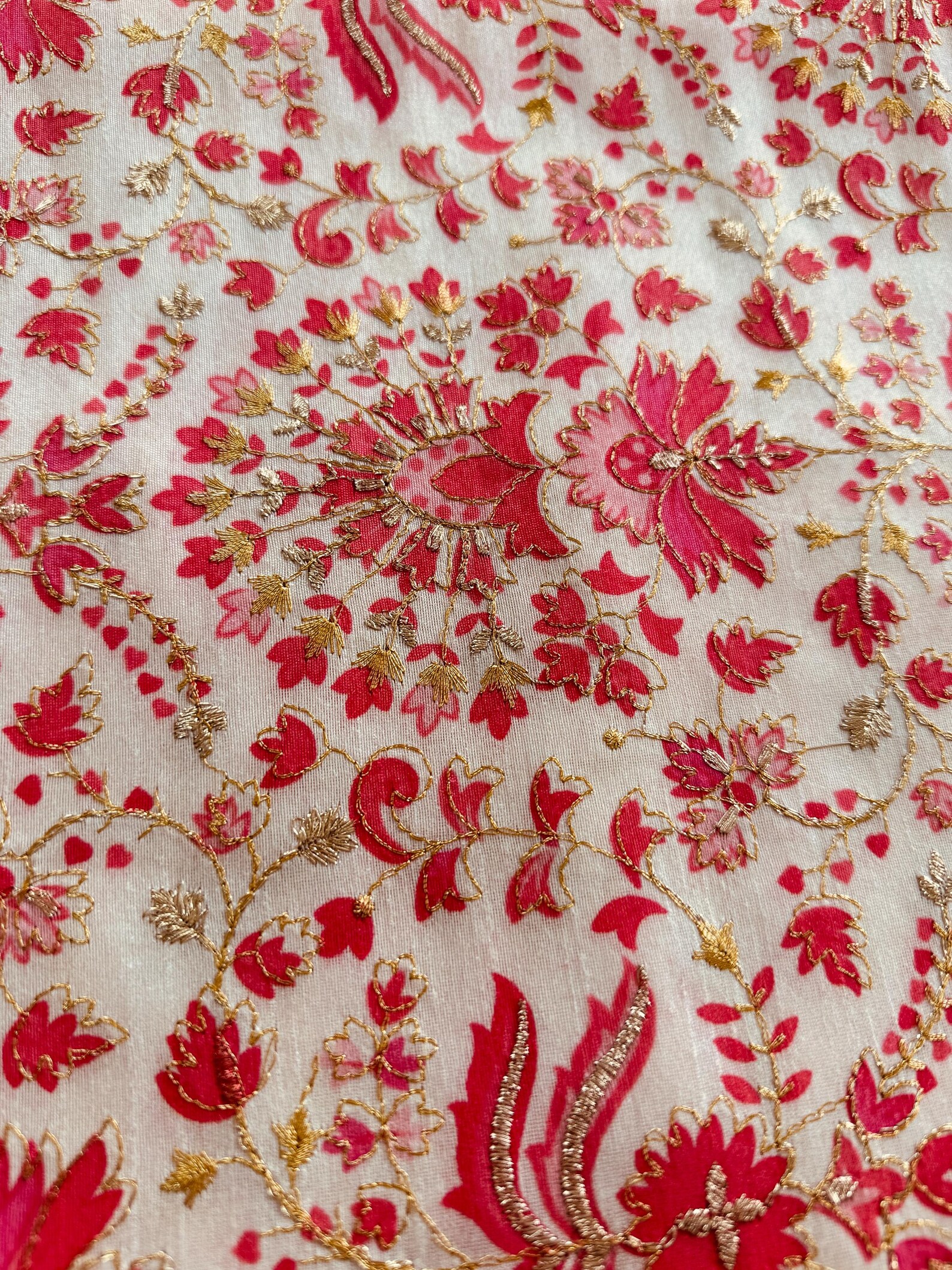 Rose Pink Artificial Silk - Screen Print With Gold Thread Embroidery ...