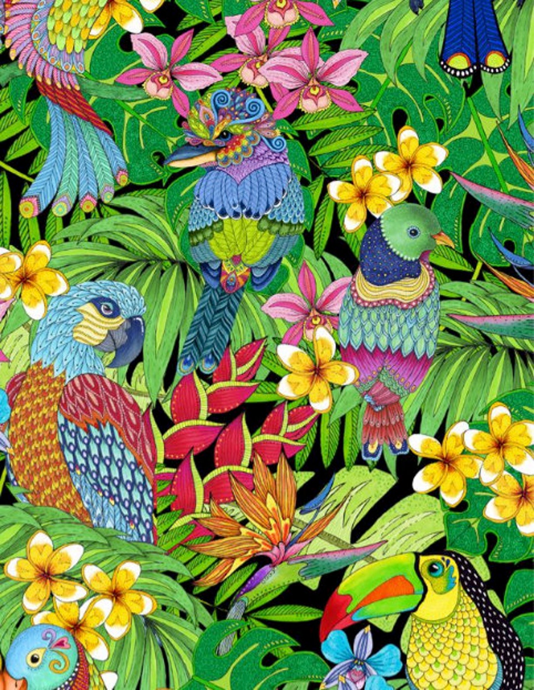 Tropical Flair Birds Allover Black Fabric by Hello Angel Cotton Fabric ...