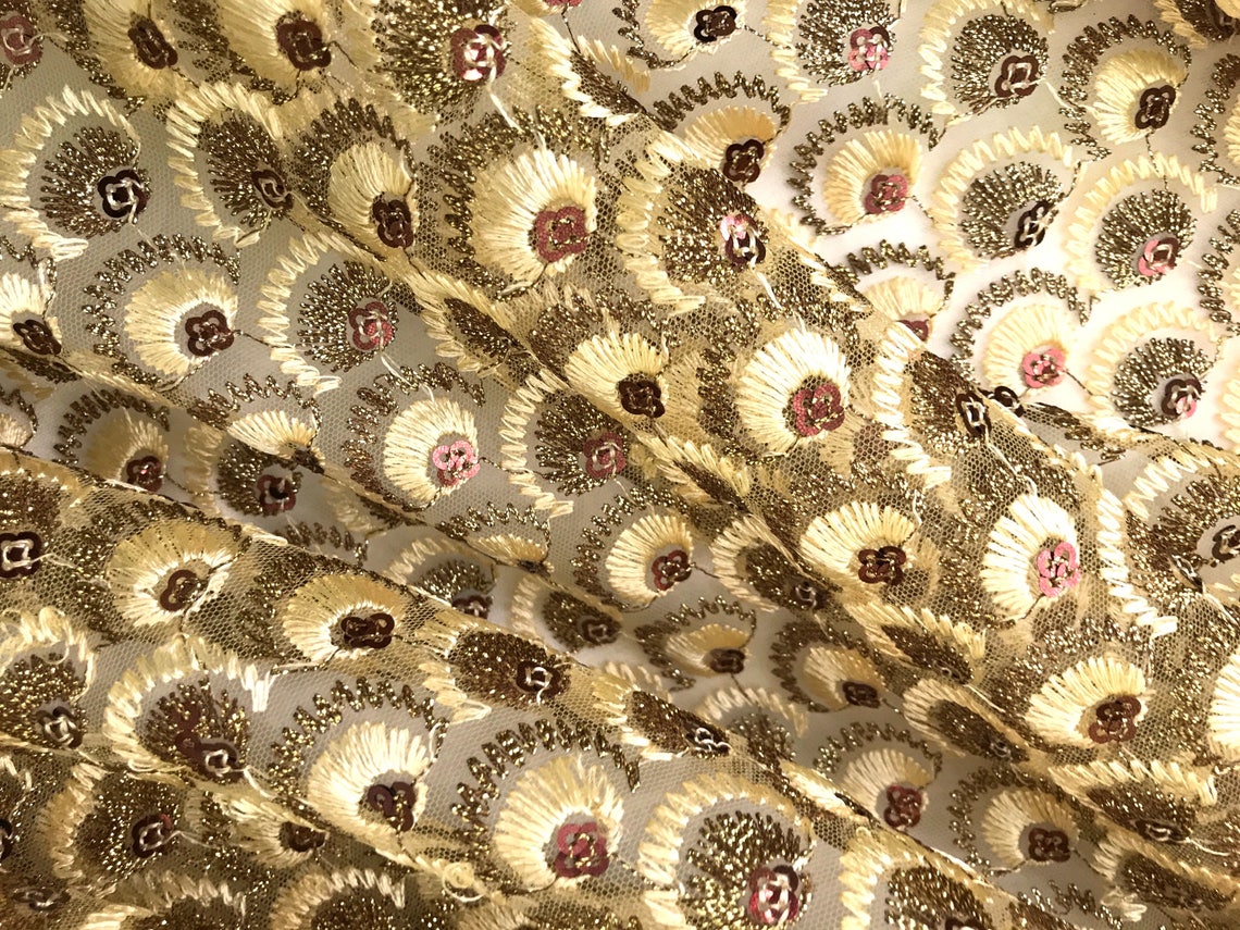 Gold Embroidered Net Fabric Embellished With Sequins sold | Etsy