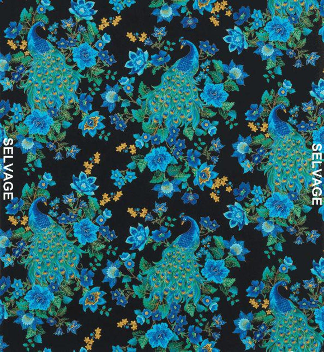 Gilded Plume Peacock Metallic Cotton by Timeless Treasures Black Quilt ...