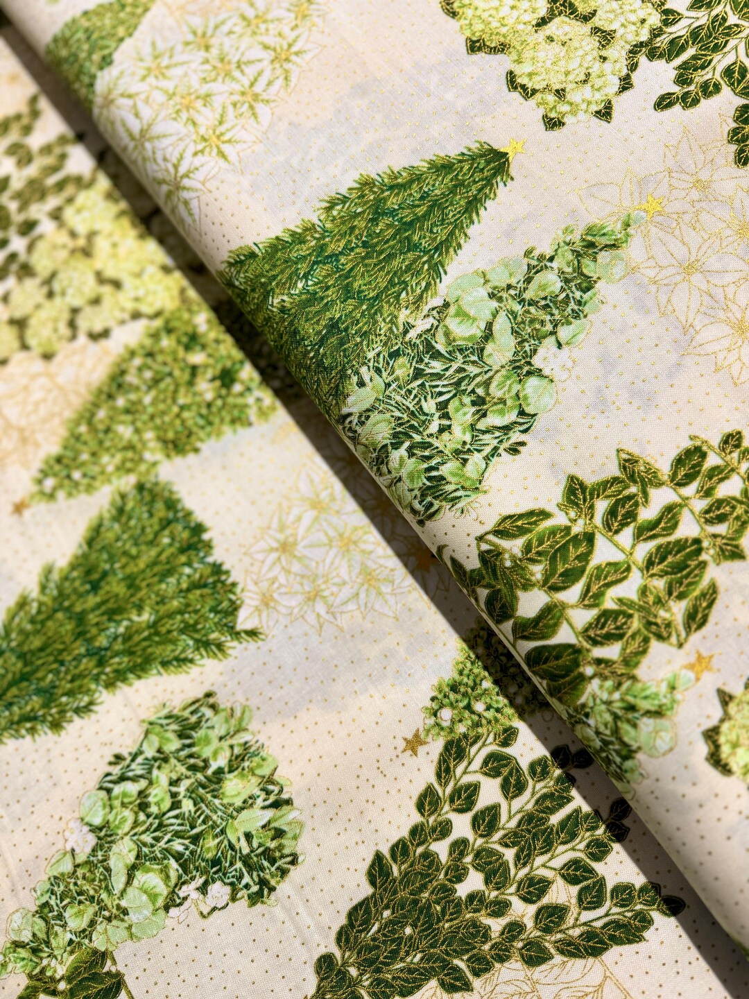 Holiday Flourish Snow Flower Winter Trees Fabric | Gold Metallic ...