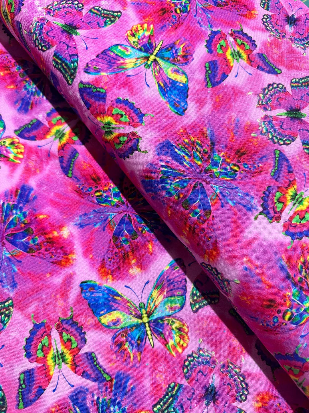 Nature's Glow - Flying Electric Butterflies Pink Fabric - Cotton Fabric ...