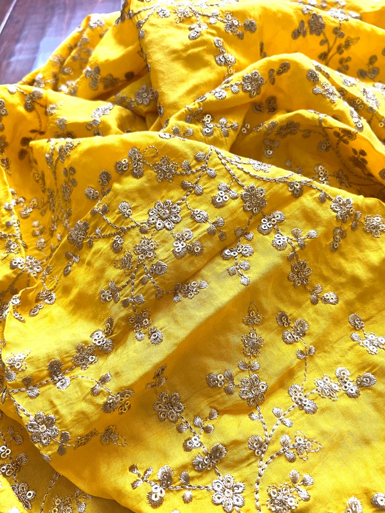 Yellow Embroidered Banarasi Silk Fabric With Sequins Half Etsy