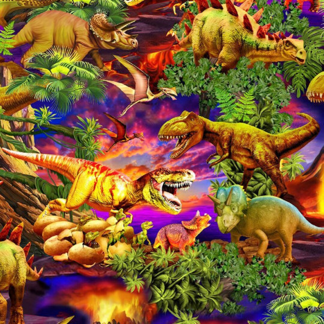 Dino Roars Dinosaur Sunset Fabric by Michael Searle Digital Print ...