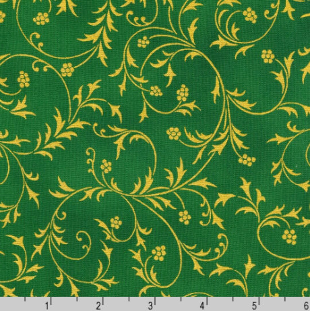 Holiday Flourish-snow Flower Swirls Pine Gold Fabric Metallic Cotton ...