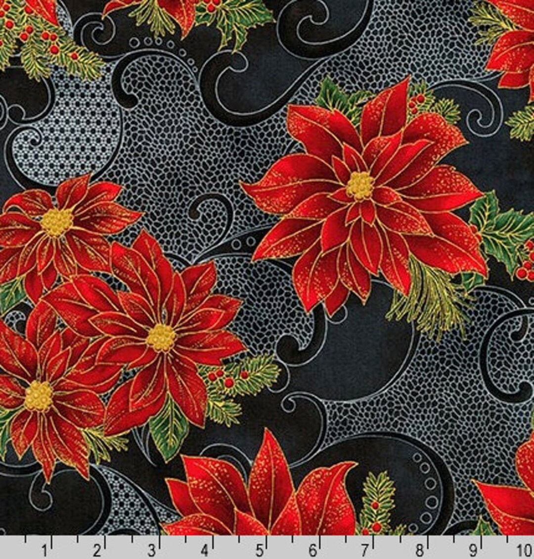 Holiday Flourish 12 - Poinsettia Blooms Black by Peggy Toole - Metallic ...
