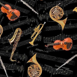 Orchestra Instruments With Music Background - Metallic - Cotton Fabric ...