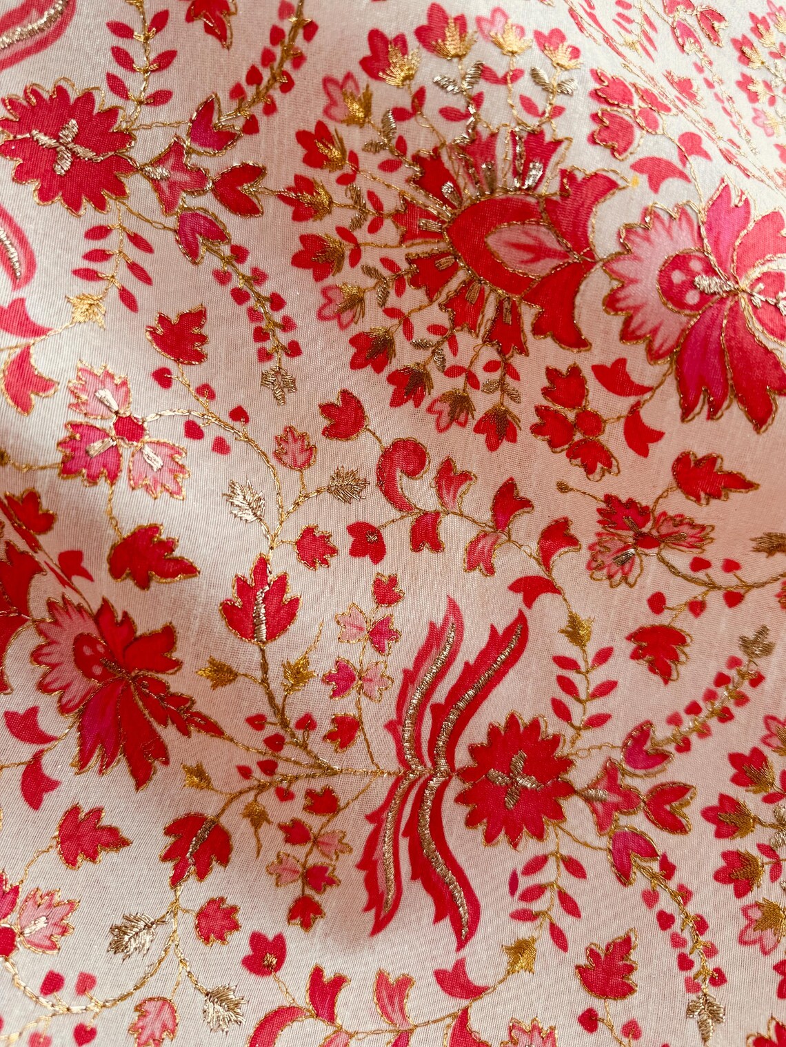 Rose Pink Artificial Silk - Screen Print With Gold Thread Embroidery ...