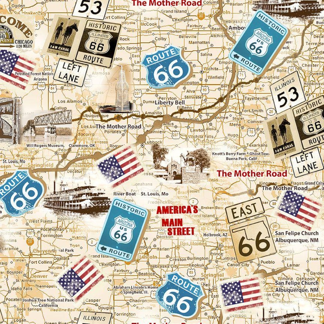 Route 66 - Antique Map Fabric by Michael Searle - Digital Print ...