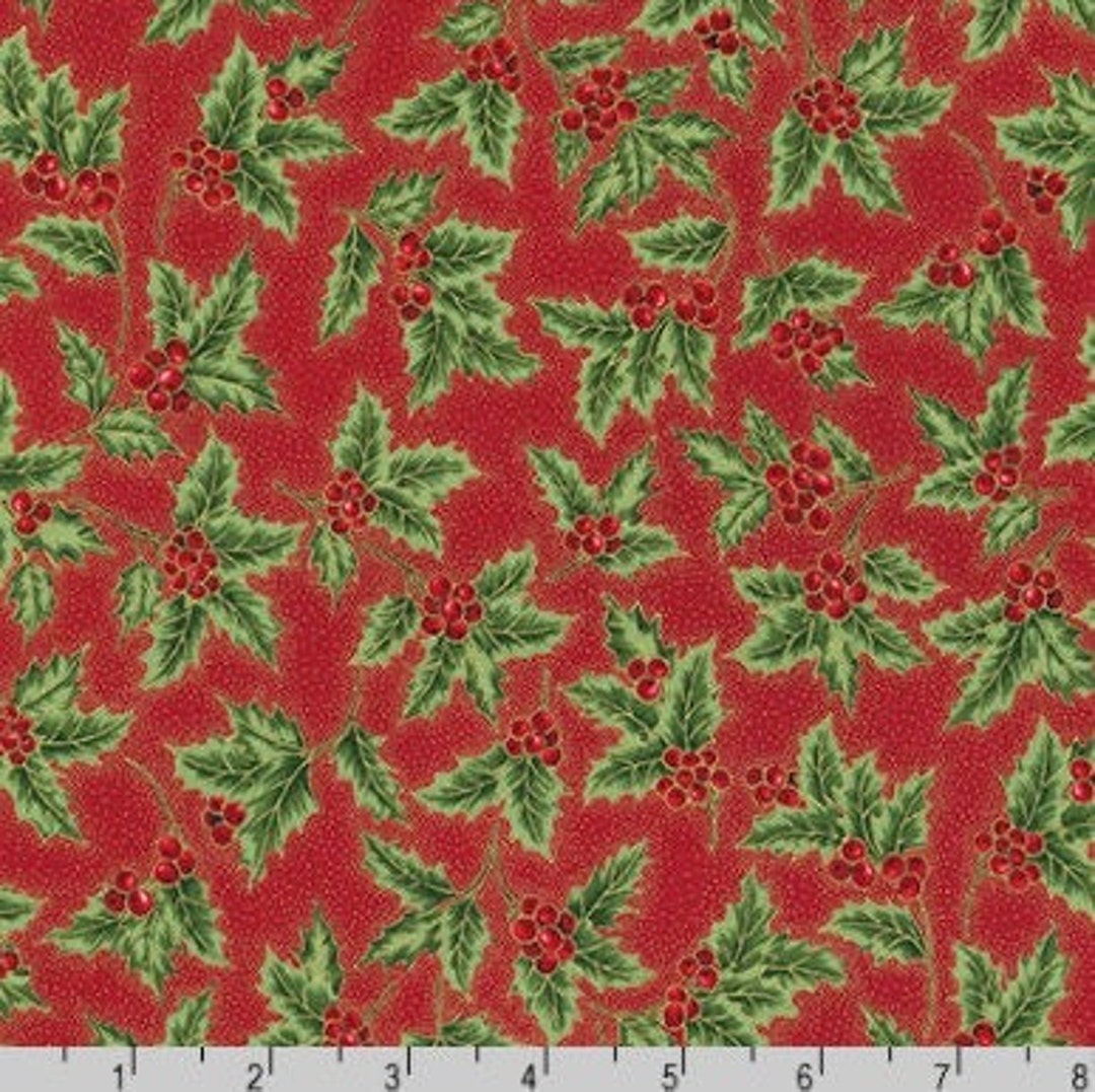 Robert Kaufman Holiday Flourish 13 Holiday Holly on Red Metallic Cotton ...