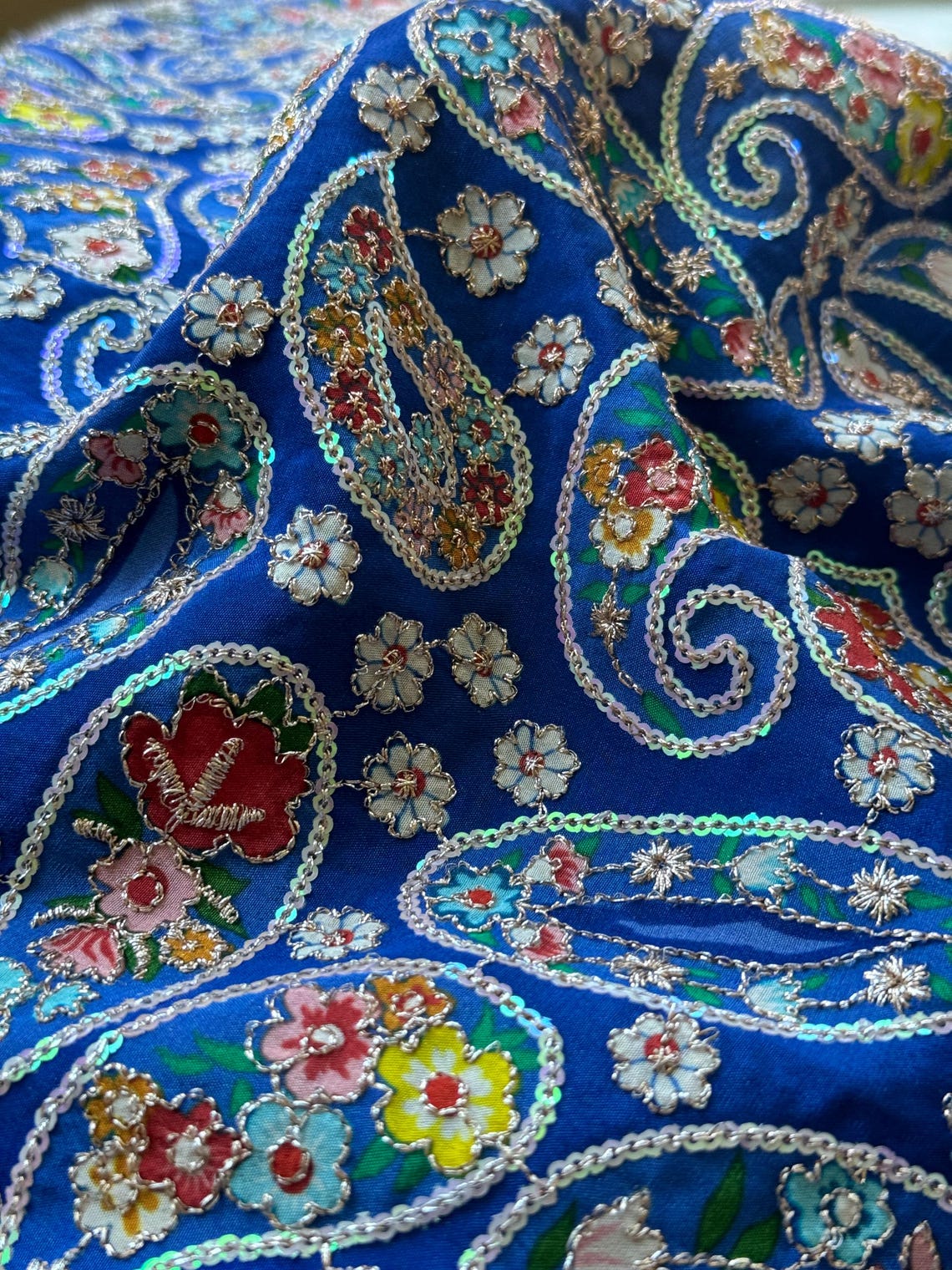Blue Paisley Embroidered Crepe Silk Fabric | Sequin Detailing | 36 ...