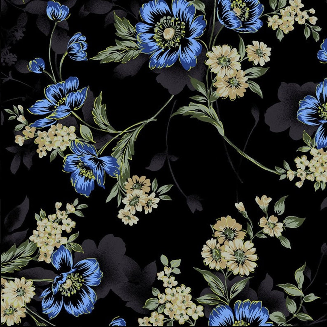 Midnight Garden - Large Floral Blue Fabric by Jinny Beyer - Cotton ...