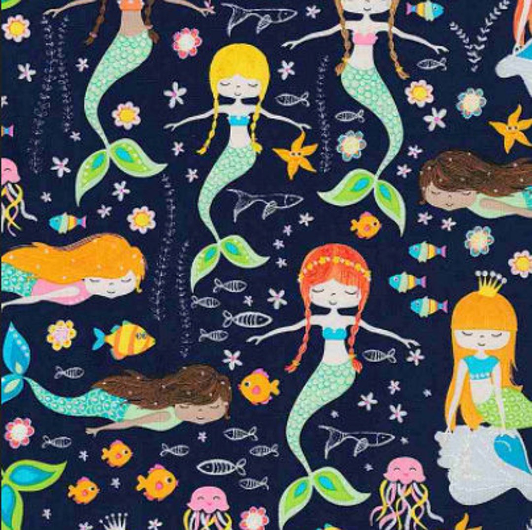 Sparkle and Shine - Swimming Glitter Mermaids - Cotton Fabric With ...