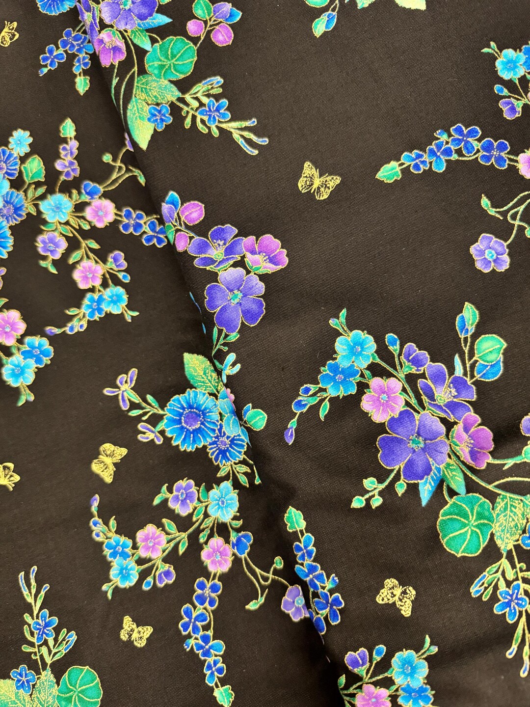 Utopia - Small Tossed Metallic Blue Florals Fabric by Chong-a Hwang ...