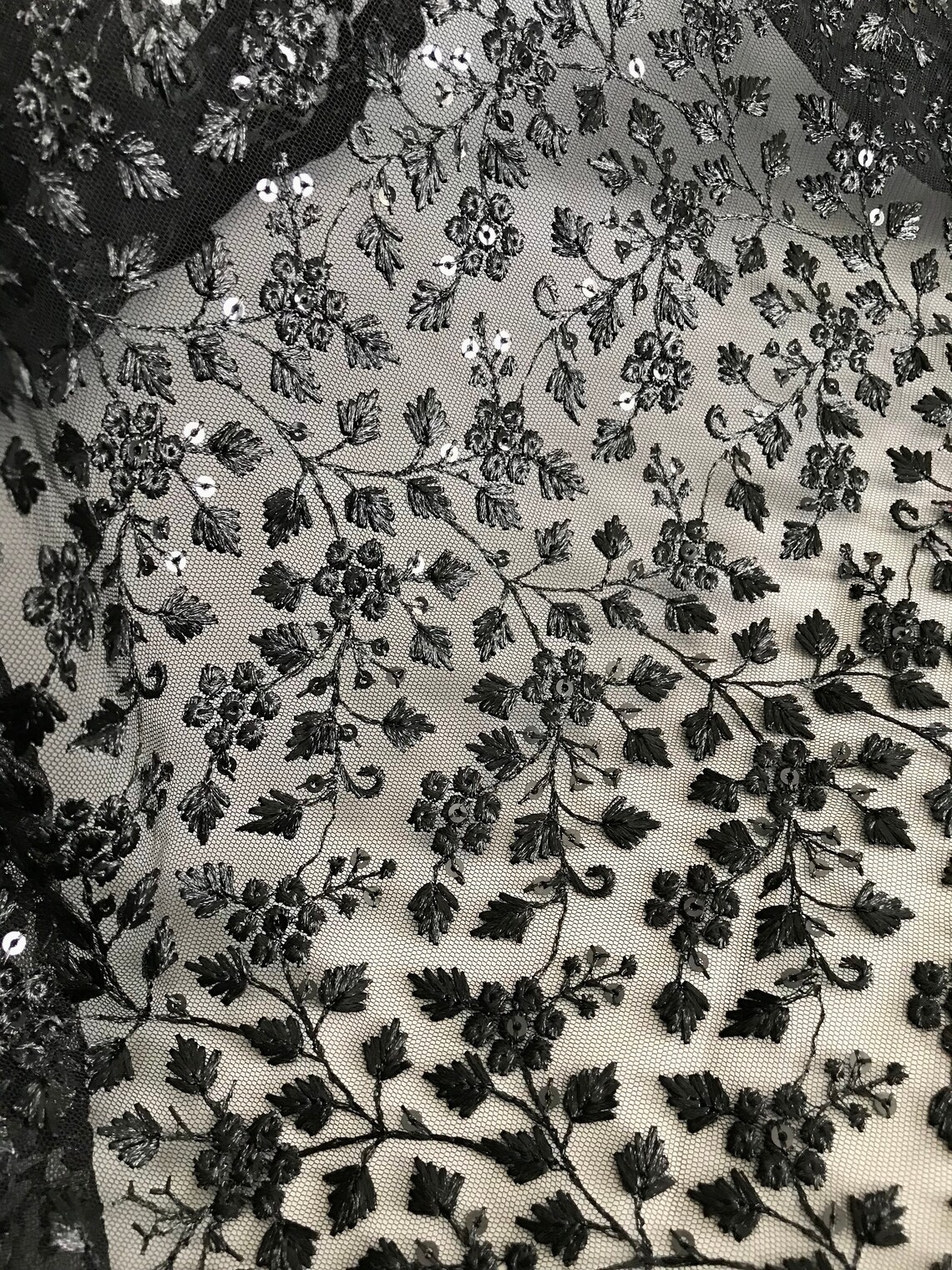 Black Embroidered Net Fabric Embellished With Black Sequins | Etsy