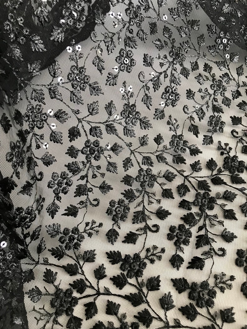 Black Embroidered Net Fabric Embellished With Black Sequins - Etsy