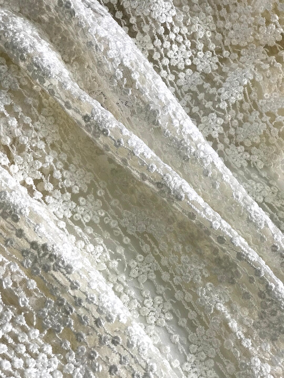 Cream Embroidered Net Fabric Embellished With Sequins - Etsy